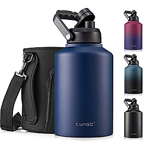 CIVAGO Gallon Insulated Water Bottle Jug, 128 oz Stainless Steel Sports Canteen with Handle and Sleeve, Large Metal Growler Mug, Navy Blue