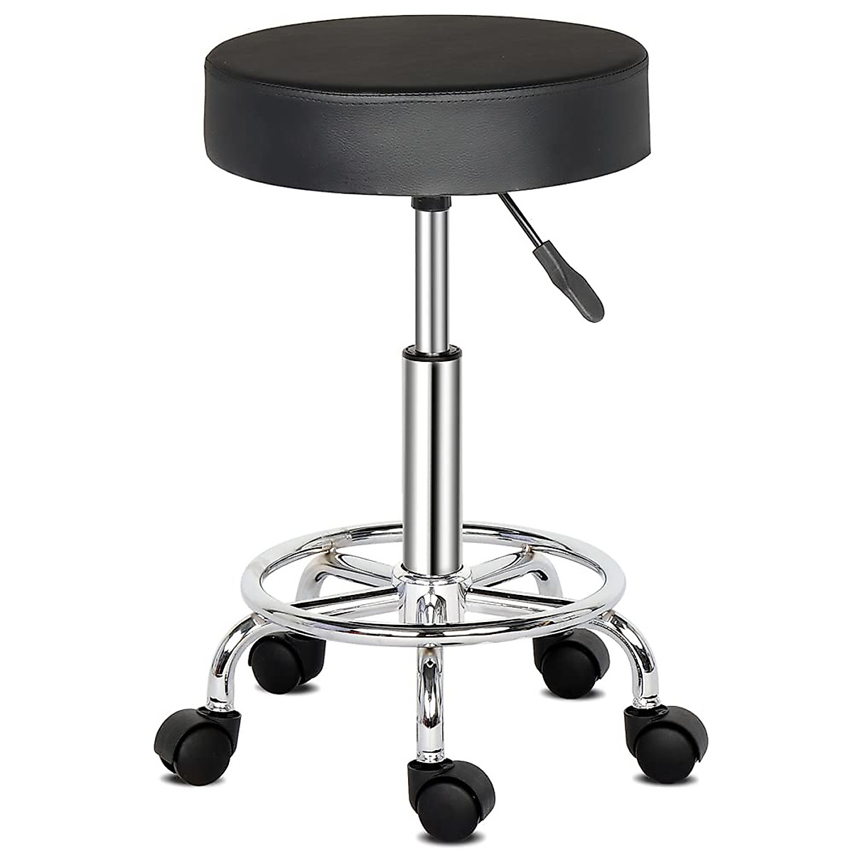 Salon Spa Stools Barstools PU Leather Modern Round Rolling Stool with Footrest Height Adjustable Spa Drafting Salon Tattoo Work Massage Stools Task Chair (Black 2)