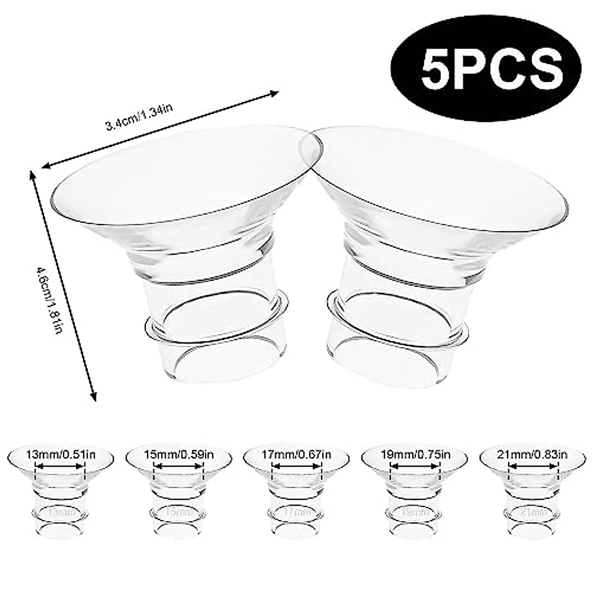 5pcs Breast Pump Flange Insert, 13/15/17/19/21mm Wearable Silicone Flange Insert, Compatible with Medela//Bellababy/Spectra 24mm Flanges, Easy to Clean Breast Pump Shields/Part (Transparent)
