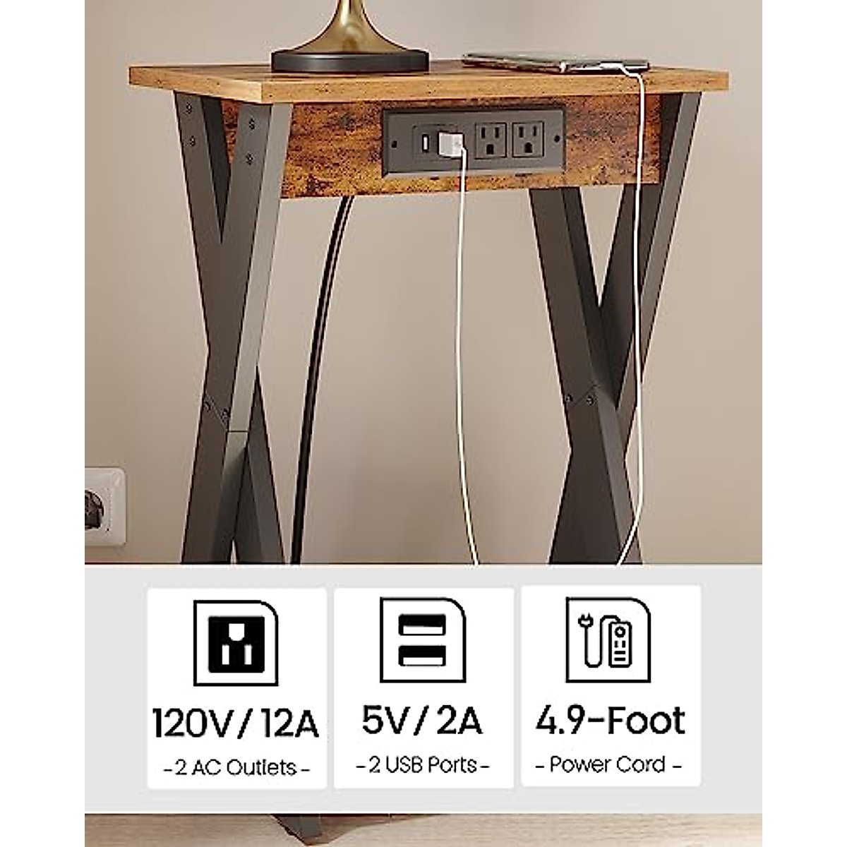 TUTOTAK End Table with Charging Station, X Shaped Side Table with USB Ports and Outlets, Nightstand, 2-Tier Storage Shelf, Sofa Table for Small Space, Brown TB01BB048