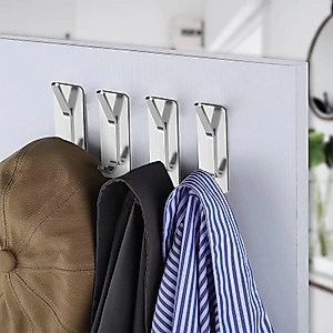 KIKISML [4 Pack Adhesive Hooks, Towel Hanger/Stainless Coat Hooks, Heavy Duty Stick on Hooks, Waterproof Sticky Hooks for Hanging Bathroom Kitchen Door, Silver