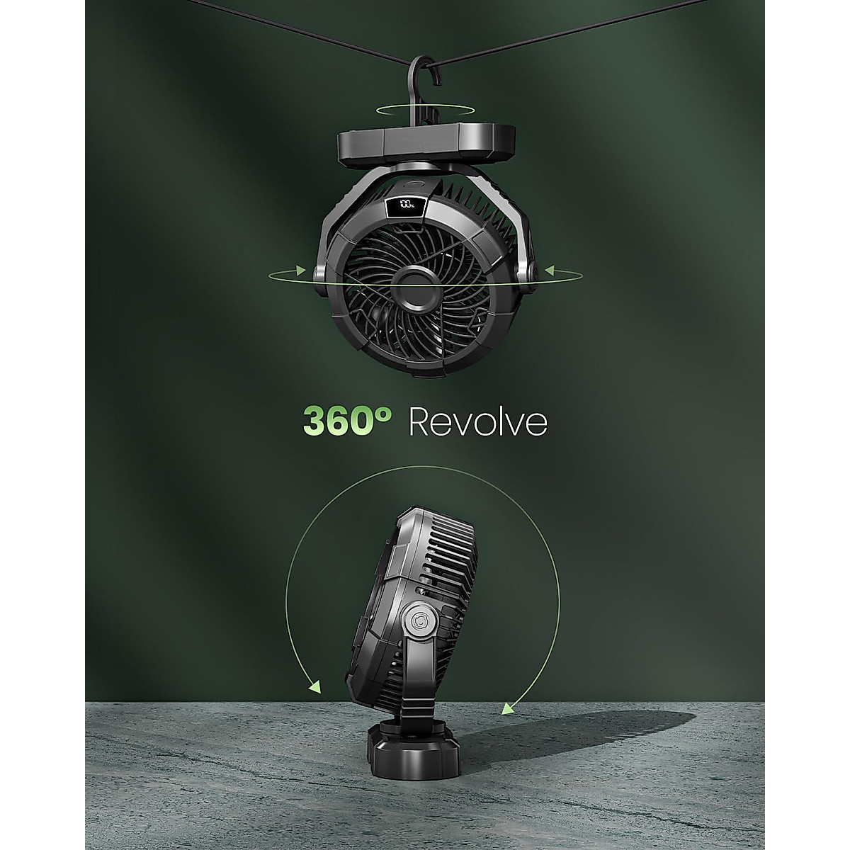 Gaiatop Portable Camping Fan with LED Lantern, 4000mAh 8-Inch Rechargeable Outdoor Tent Fan, 360° Head Rotation, 3 Speed and Quiet Battery Operated USB Desk Fan for Indoor Outdoor Travel Black