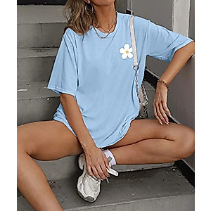 Cioatin Women’s Aesthetic Y2K Oversize Tee Shirt Top Floral Slogan Letter Graphic Drop Shoulder Short Sleeve Tshirt Sky Blue