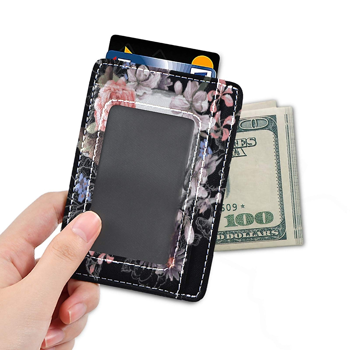 Linomo Thin leather Card Holder and Money Clip Floral Sugar Skull Face Print Wallet RFID Blocking for Men & Women