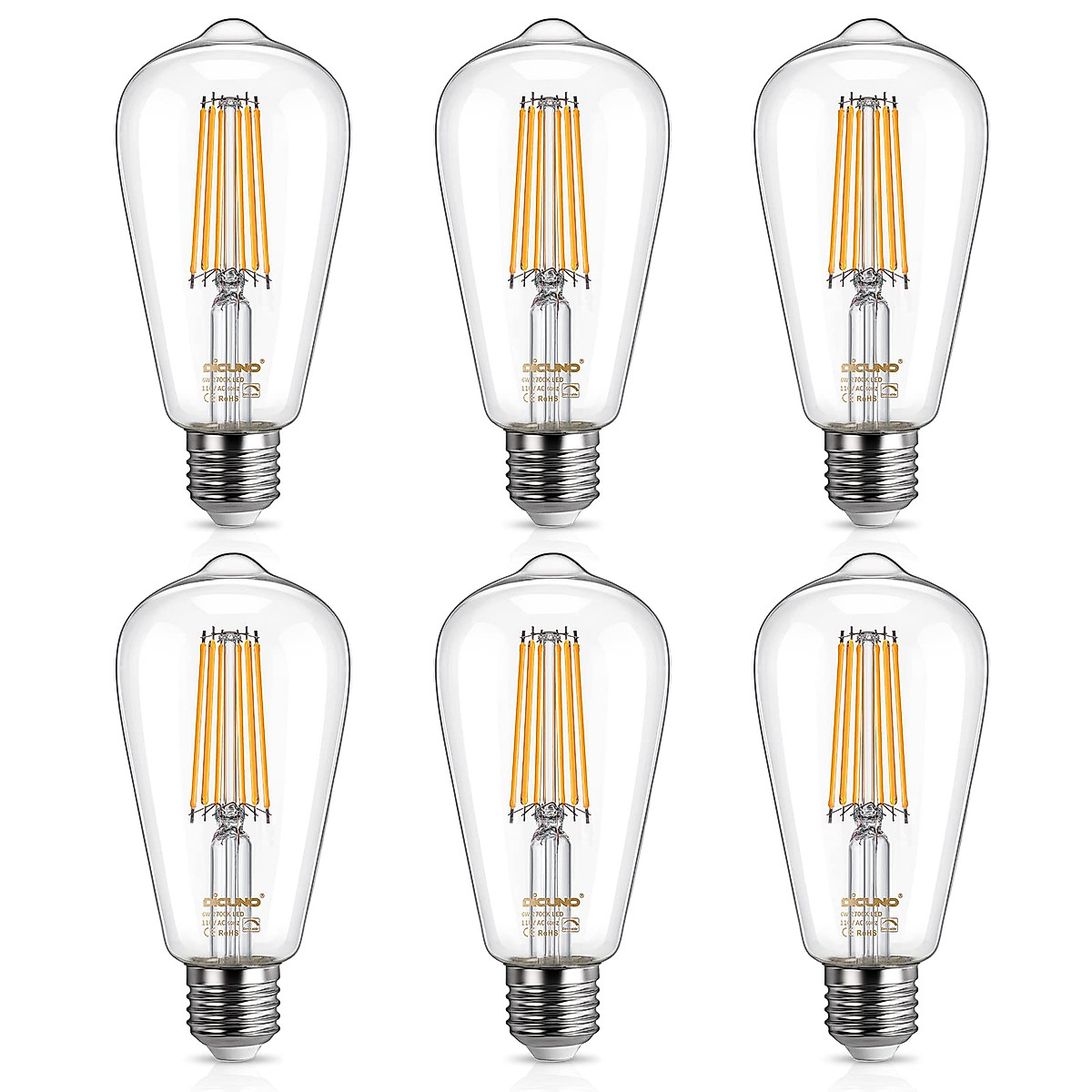 DiCUNO ST64 Edison LED Bulb 60W Equivalent, 6W, Warm White 2700K, Dimmable Vintage LED Light Bulbs, 700LM E26 Medium Base with Clear Glass for Dining Room, Kitchen Lighting,Pack of 6
