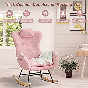 Kvutx Teddy Upholstered Nursery Rocking Chair - Comfy Pink Glider Rocker with Padded Seat, High Backrest, and Armrests for Living Room Bedroom Offices (Pink)