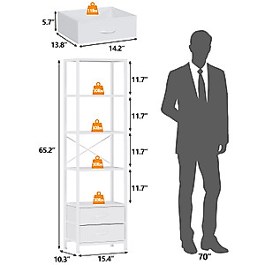 Furnulem 5-Tier Corner Shelf, Narrow Bookshelf with 2 Storage Drawers, Tall Bookcase, Standing Shelf Organizer Unit for Living Room, Bedroom, Metal Frame, Wood Display Shelf(White)