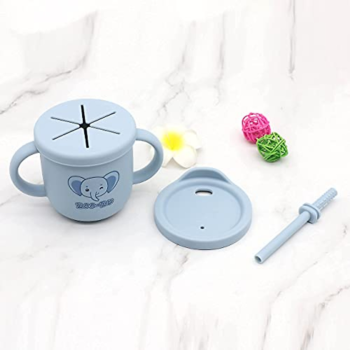 ZOO-ZU Silicone Sippy Cup for toddlers with straw & snack cup No Spill for babies BPA-FREE 9 OZ (Dusty Blue Elephant)