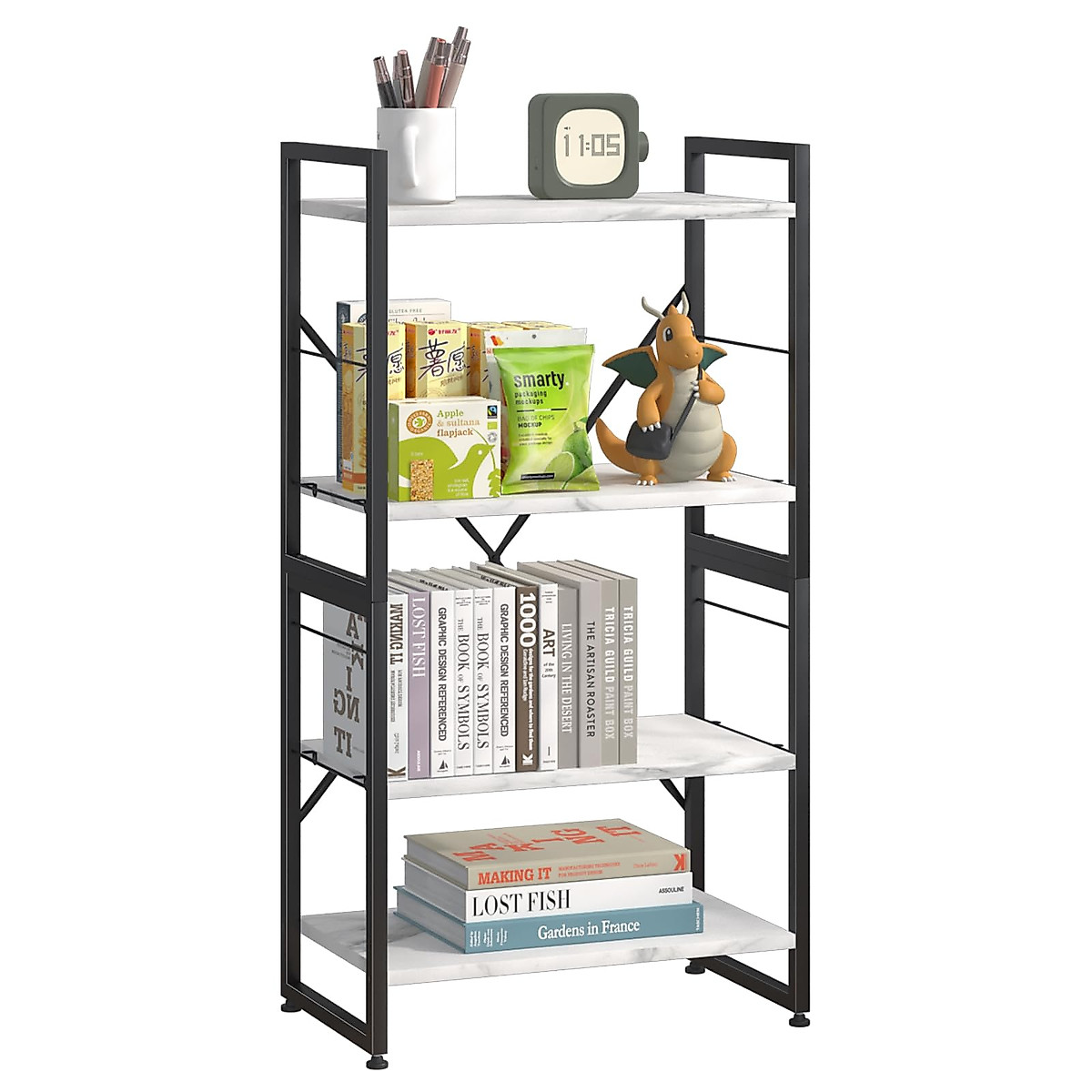 Azheruol 4 Tiers Bookshelf Adjustable White Faux Marble Organizer, Modern Small Bookcase for Small Space,Industrial Wooden Storage Display Rack and Storage Organizer for Living Room Home Office