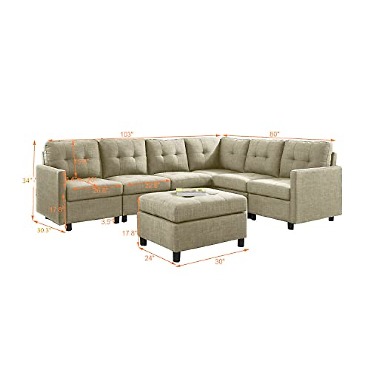 BEEY Sectional Sofa Set 6 Seats Reversible Corner Sectional with Ottoman L-Shaped Fabric Couches Modular Living Room Furniture Sets