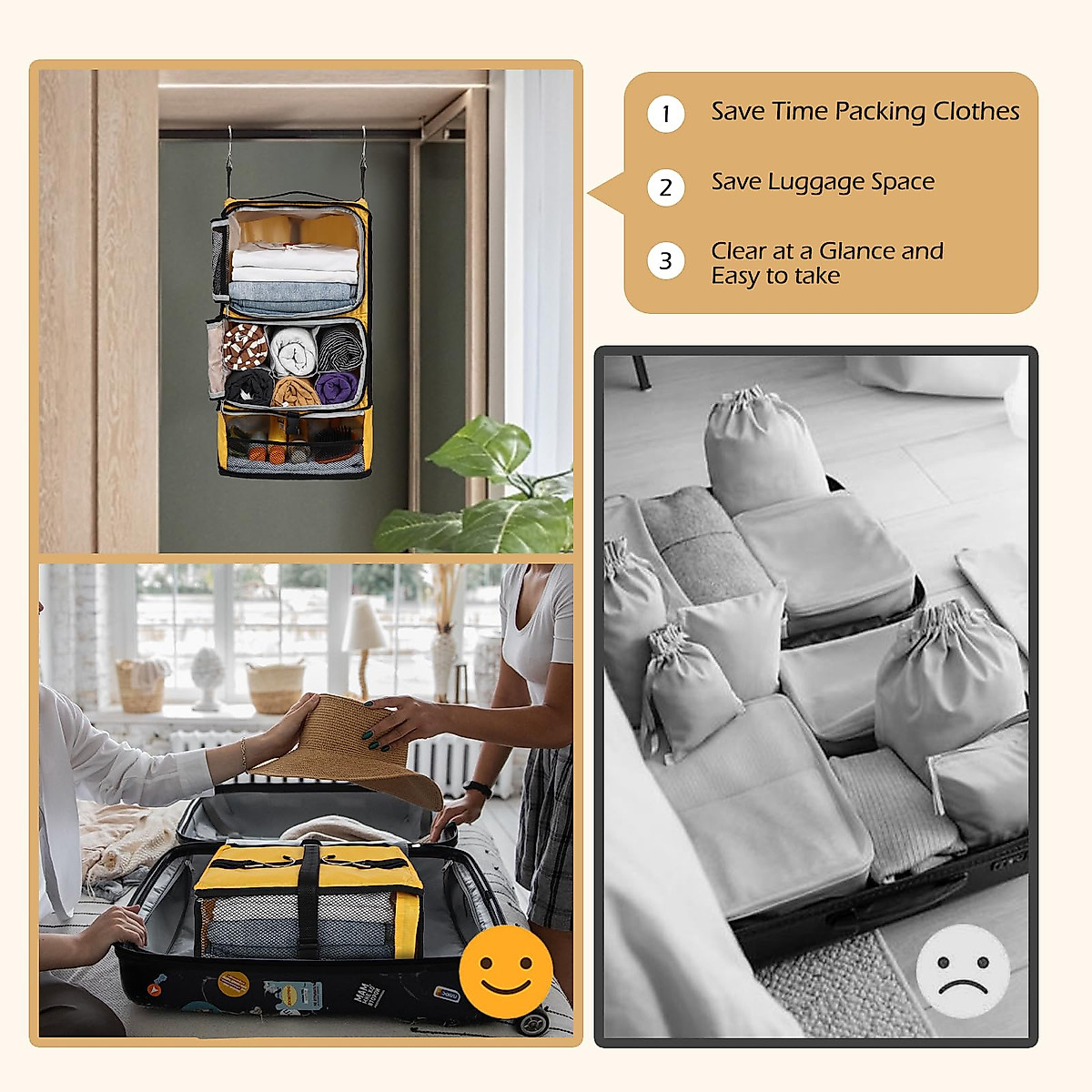 Surblue Hanging Shelves Travel Compression Packing Cube for Carry-on Luggage Suitcase Collapsible Transformable Garment Closet Organizers Large Capacity, Yellow, XL