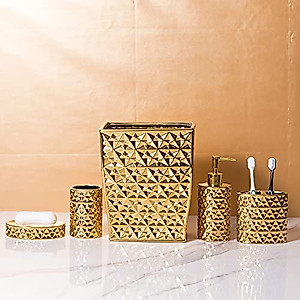 RXLVCKY Golden Trash can and Bathroom Accessories Set,5-Piece Ceramic Gift Set, Include Luxury Bath Sets Lotion Dispenser,Toothbrush Holder, Bathroom Tumblers, Soap Dish, Trash Can
