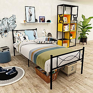 SimLife Twin Bed Frame with Two Headboards Metal Platform Bed for Kids Girls Boys Adults Mattress Foundation Stable Metal Slats Support Box Spring Replacement, Black