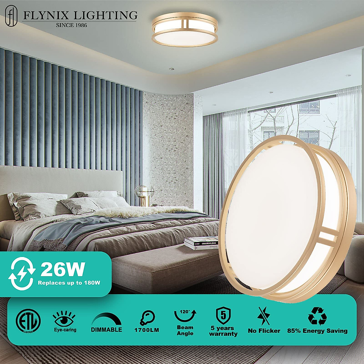 Flynix 12.5 Inch LED Flush Mount Ceiling Light Fixture, 26W, Super Bright 1700 Lumens, 3 Color 3000K/4000K/5000K, Dimmable Ceiling Lamp for Bedroom Hallway Bathroom Kitchen (Gold)