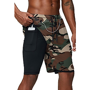 Pinkbomb Men's 2 in 1 Running Shorts Gym Workout Quick Dry Mens Shorts with Phone Pocket (Green Camo, XX-Large)