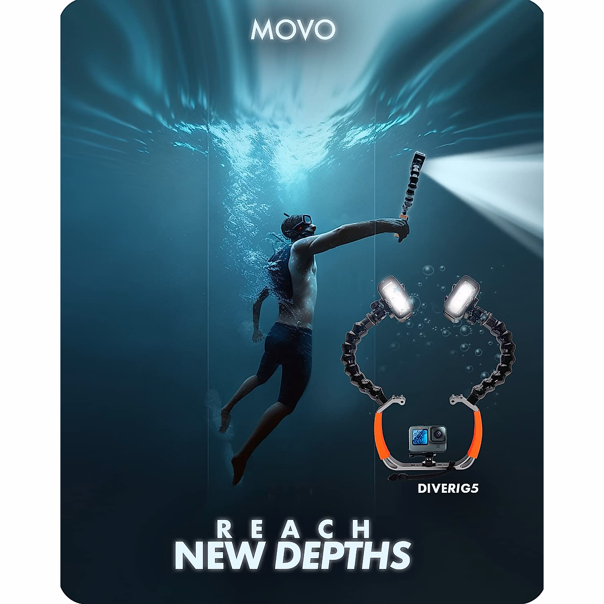 Movo DiveRig5 Underwater Video/Photo Diving Rig for Scuba and Snorkeling - Action Camera Cage Dive Rig, Waterproof Lights with Flexible Arm Mounts- Compatible with GoPro, DJI Osmo, Insta360 and More