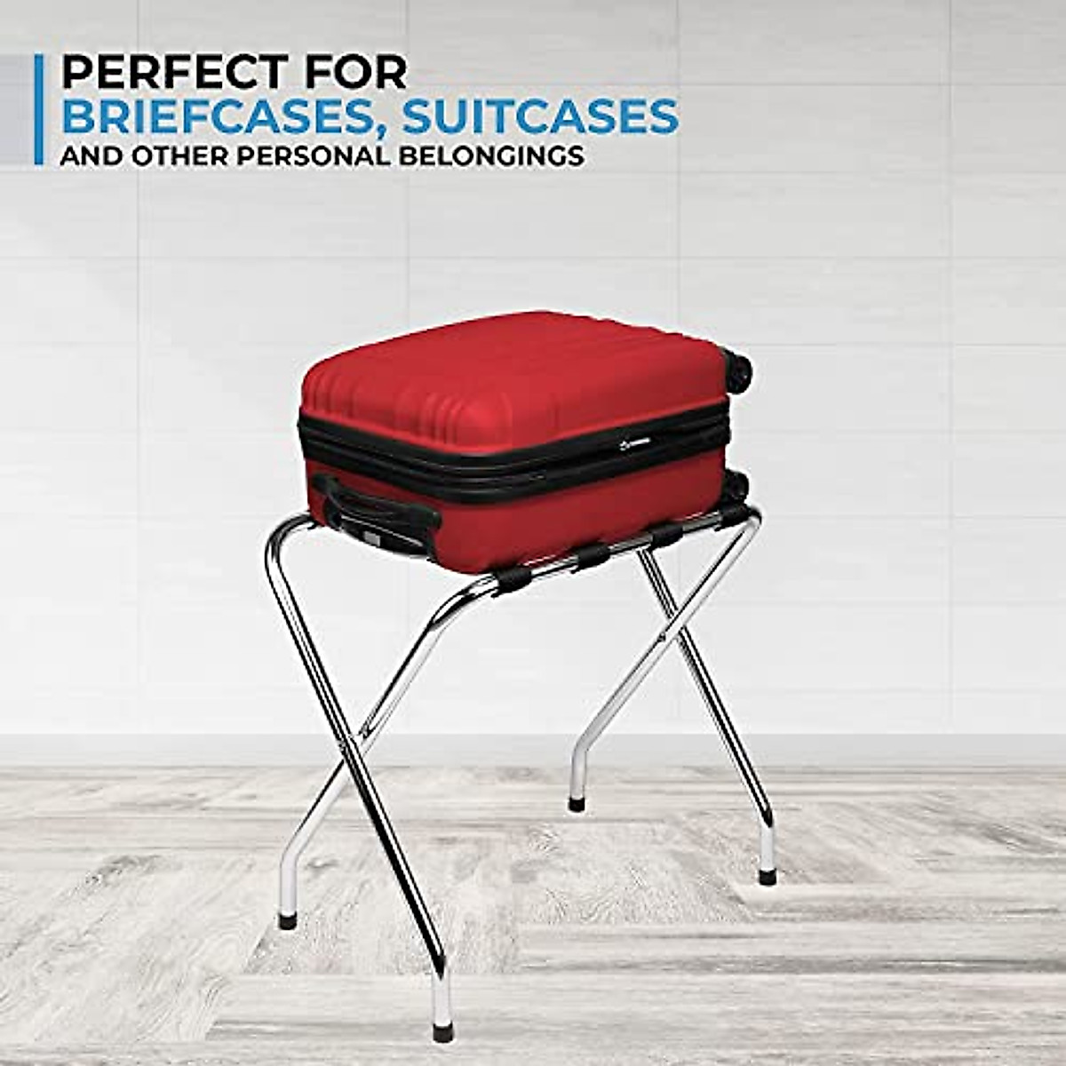 USTECH X-Shape Single Tier Foldable Luggage Rack with Nylon Straps & Rubber Feet for Added Stability | Metal Stand or Temporary Shoe Rack for Guest Room Storage | Perfect for Small Spaces