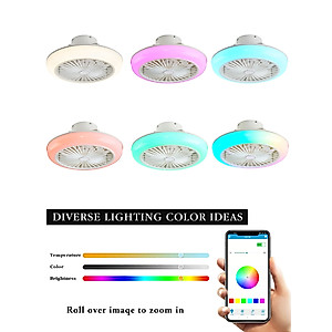 Bluetooth Ceiling Fan with Light and Speaker LED Color Enclosed Bladeless Low Profile Ceiling Fan With Light and Remote Control , Modern White Flush Mount RGB Ceiling Fan for Bedroom Dining Kids Room