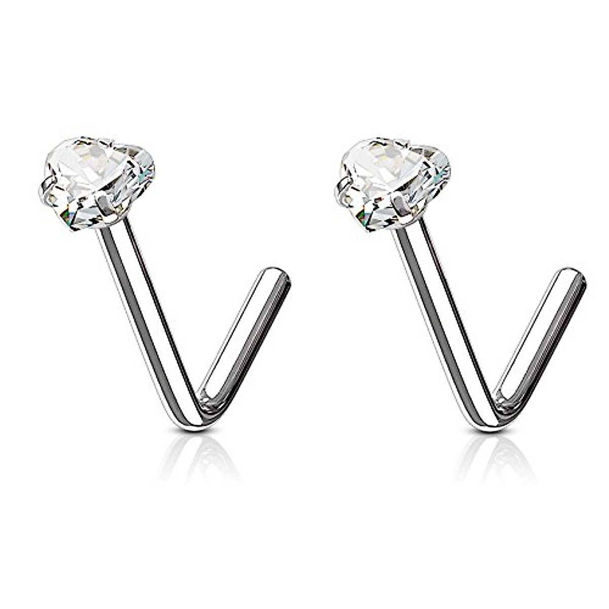 Forbidden Body Jewelry 2 Pack Heart Nose Ring, Heart Nose Stud, L Nose Rings, Heart Nose Rings, 18g 6mm Surgical Steel L Shaped Nose Ring with 3mm Heart CZ Crystal