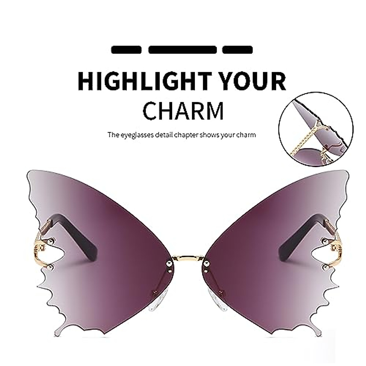YAMEIZE Fashion Butterfly Rimless Sunglasses for Women Vintage Metal Frame Eyewear UV Protection (PURPLE PINK)