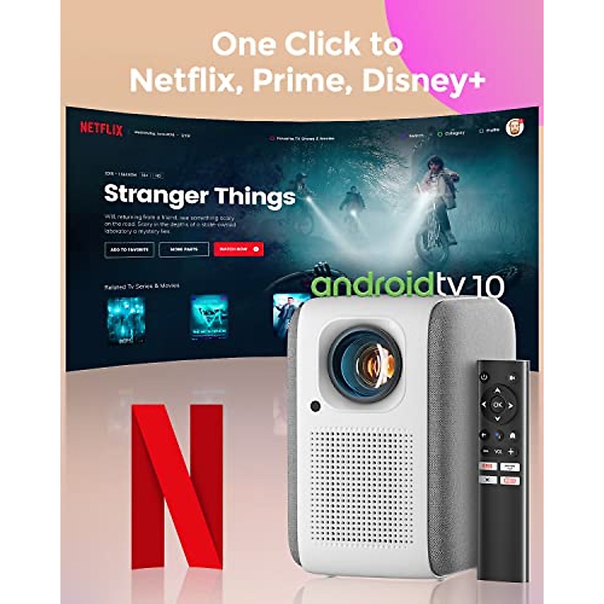 Pokitter CineMax Pro 1080P Projector with Netflix-Licensed, Android TV 10.0 with 7000+ Apps, 400ANSI Lumens, Google Assistant, 4D Keystone Correction, HDR 10, 2.4G+5G WiFi and Bluetooth, 200" Image
