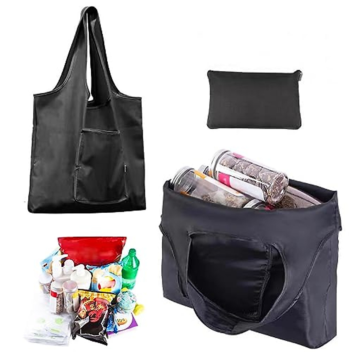 QINMEIYI Reusable Shopping Bags 5 Pack Foldable Reusable Grocery Bags 50LBS Weight Capacity Heavy Duty Shopping Tote Bags Machine Washable Polyester Lightweight Bags Ripstop Reusable bags Black