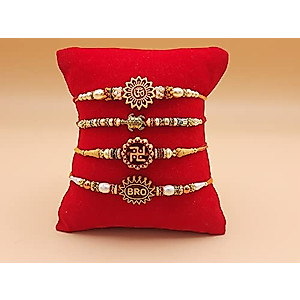 Rakhi for Brother Sister celebration. Designer Multicolor Stones Rakhi Gift, Wrist bands for loving, Brother, Sister, Father & family. (Rakhi Des.4- Om, Bro &Good Luck Tortoise Set of 4, Small)