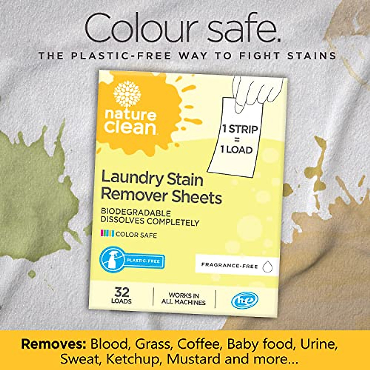 Nature Clean Natural Laundry Stain Remover Strips For Clothes 36 count, Non-Toxic Plastic-Free Packaging Unscented Eco-Friendly Biodegradable Septic Safe. Laundry Detergent Sheets Stain Remover for Fabric & Travel.