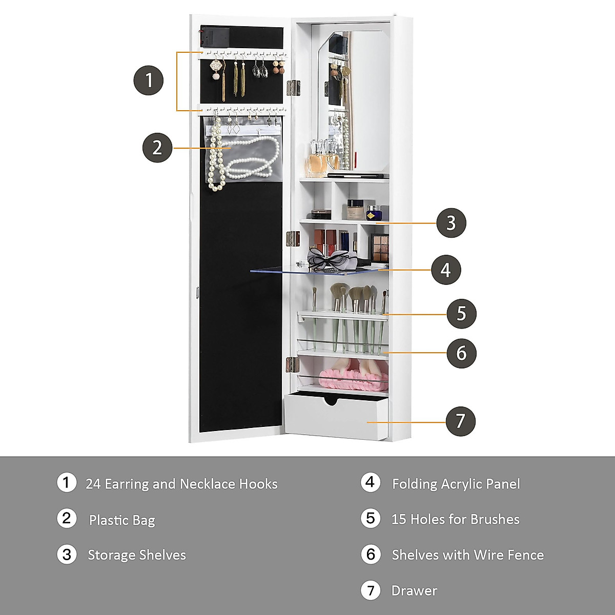 HOMCOM Jewelry Armoire with Mirror and 18 LED Lights, Wall-Mounted/Over-The-Door Cabinet with 3 Mountable Heights, White
