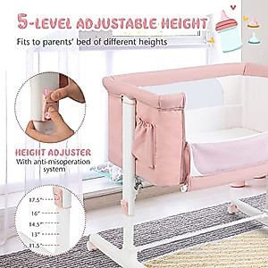 BABY JOY Bassinet Bedside Sleeper, 3 in 1 Folding Crib w/Adjustable Height, Mattress, Lockable Wheels, Storage Pocket & Carry Bag for Infant Newborn, Stationary & Rock, Portable Baby Bassinet (Pink)