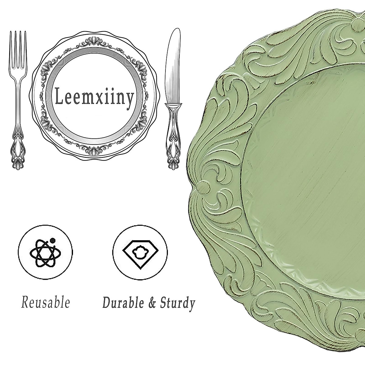 Leemxiiny Antique Green Charger Plates with Embossed Edge, Plastic Flora Decorative Chargers for Dinner Plates Set of 6 Bulk Wedding for Table Setting, Party, Holiday