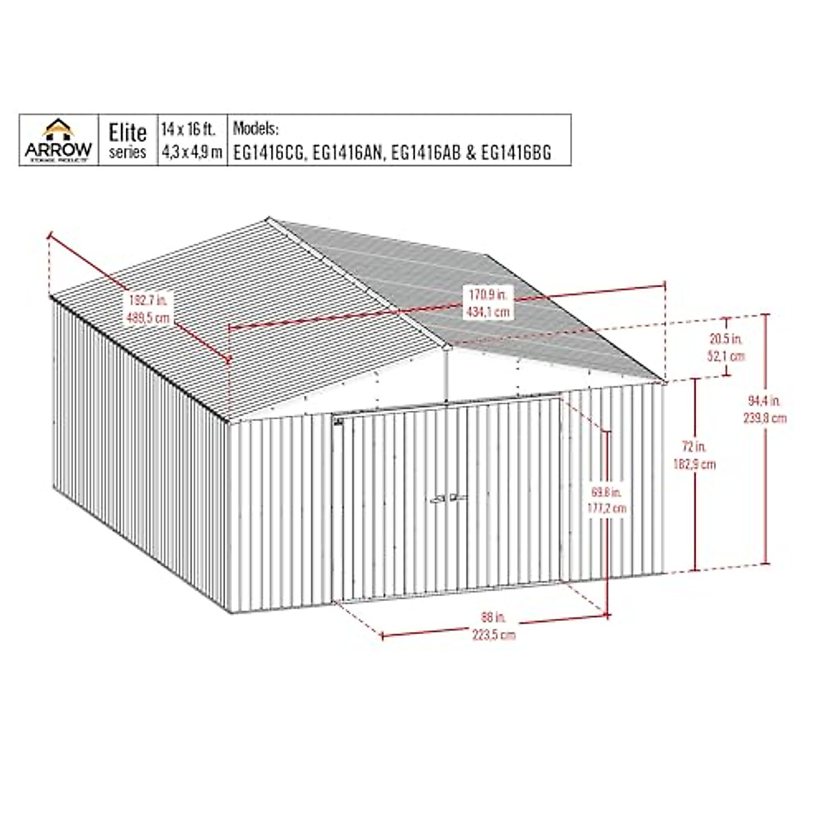 Arrow Shed Elite 14' x 16' Outdoor Lockable Gable Roof Steel Storage Shed Building, Blue Grey