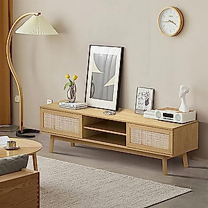 EOYUTLLY Farmhouse Rattan TV Stand 59" Boho tv Stand Muebles para TV with 2 Doors and 2 Open Shelves Mid Century Modern TV Stand for Living Room Bedroom Furniture