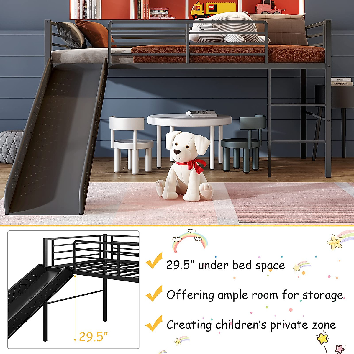 Giantex Twin Loft Bed with Slide, Metal Low Bunk Bed w/Safety Guardrails & Built-in Ladder, Toddler Bed Floor Frame for Boys & Girls, No Box Spring Needed (Black)
