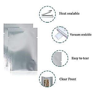 Silver Aluminum Foil Pouch Heat Seal Front Window Plastic Mini Open Top Flat Vacuum Packaging Mylar Bag Food Small Sample Mylar Storage with Tear Notch (200, 1.9x2.7 inch)