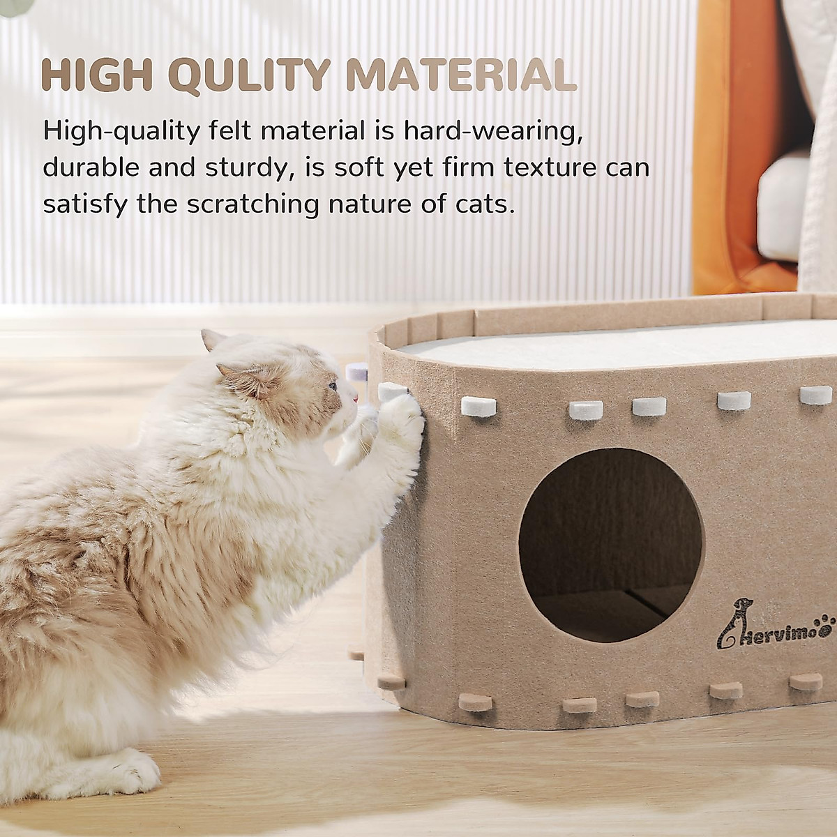 Hervimo Cat Beds for Indoor Cats, 2 in 1 Large Cat House, Foldable Cat Tunnel Enclosed Bed, Scratch Resistant Cat Bed Cave for Large Cats Up to 25lbs & Multiple Small Cats, Dark Camel