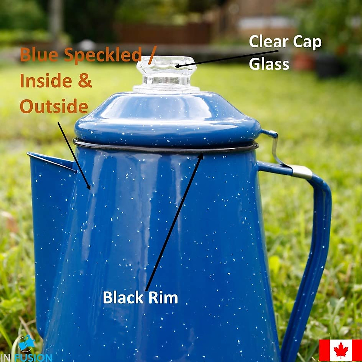 Camping Coffee Percolator - Enamel Coating Gloss Finish And Glass Cap For Backpacking, Campsite, Kitchen And FireCoffee Pot Makes 12 Cups - Comes With Basket For Grounds And Stainless Steel Spoon