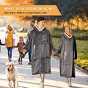 yescool Oversized Wearable Blanket Hoodie, Flannel Sherpa Fleece Blanket Sweatshirt for Adults Women Men, Big Plush Cozy Hooded Blanket with Hood, Pocket & Sleeves, One Size Fits All (Grey)