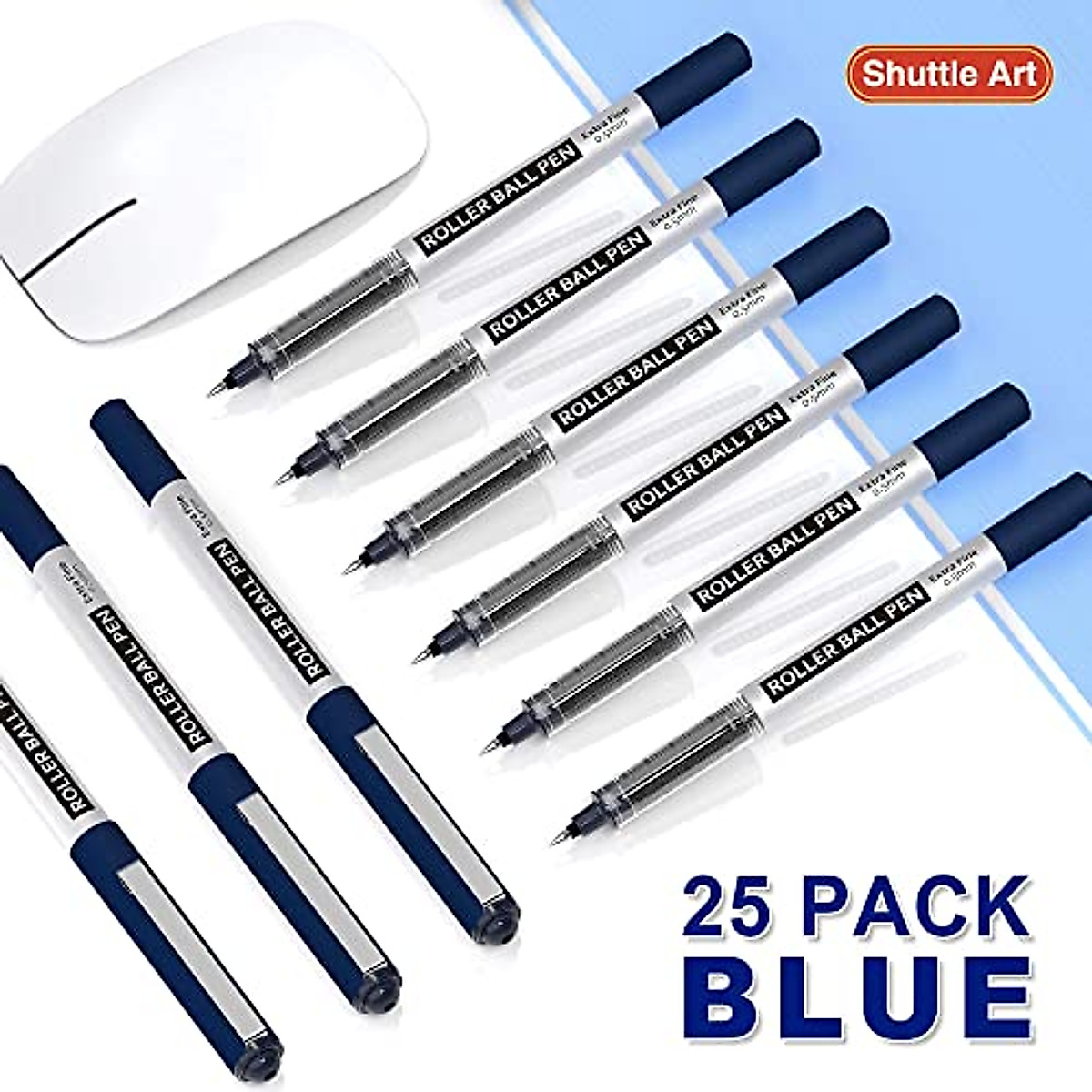 Shuttle Art RollerBall Pens, 50 Pack Blue Fine Point Roller Ball Pens, 0.5mm Liquid Ink Pens for Writing Journaling Taking Notes School Office