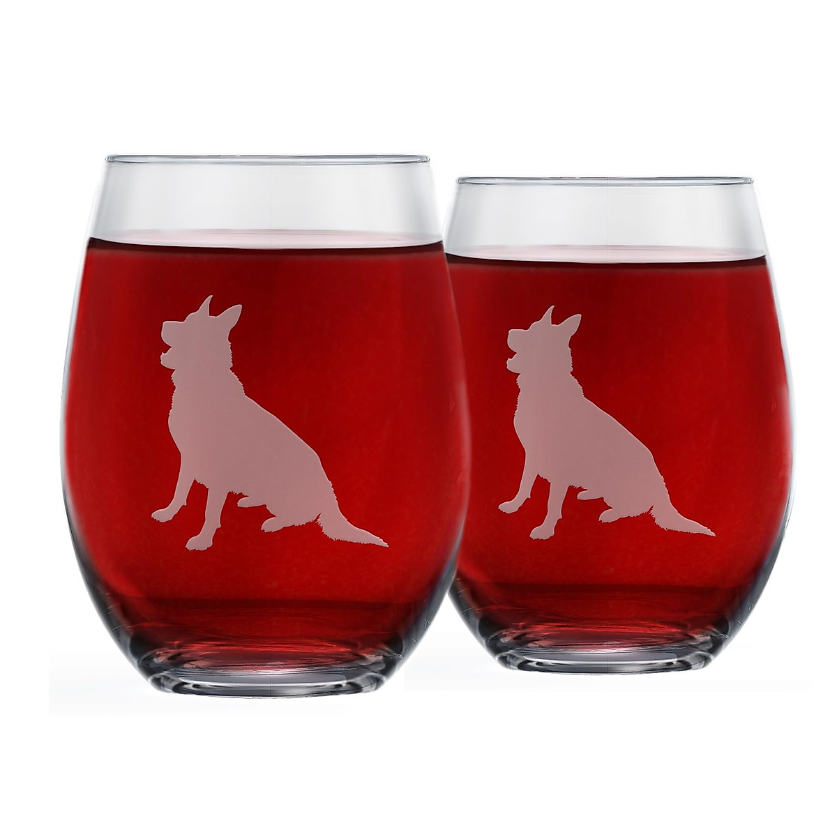 German Shepherd Stemless Wine Glasses (Set of 2) | Unique Gift for Dog Lovers | Hand Etched with Breed Name on Bottom