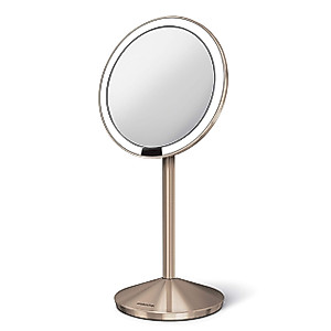 simplehuman Sensor Mirror, Travel Makeup Mirror with Lights, 10X Magnification, Lighted, Round, Free Standing, 5", Rose Gold Stainless Steel