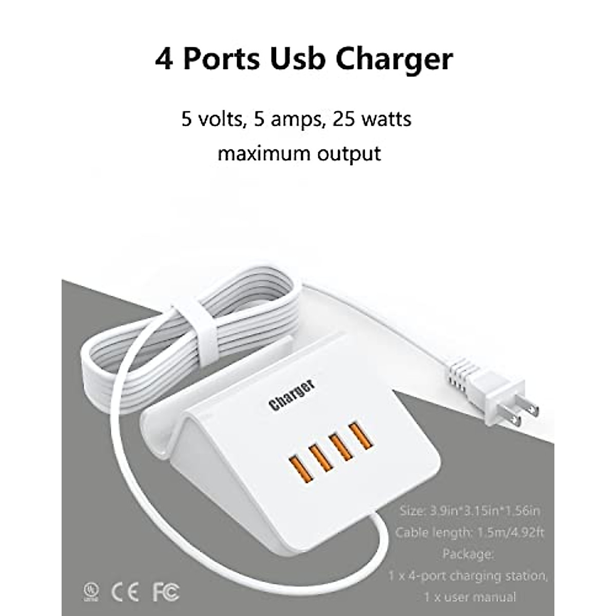 Solopen USB Charging Station 25W, 4-in-1 USB Charger Station, USB Hub Charger for Multiple Devices with Phone Stand,Compatible with Smartphones,Earphones,iPad and More,White