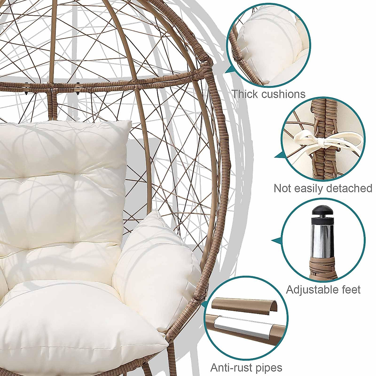 FKSLIFE Wicker Egg Chair with Stand Cushion Outdoor Indoor Lounger Egg Basket Chair for Living Room, Backyard, Balcony, Patio (Beige)
