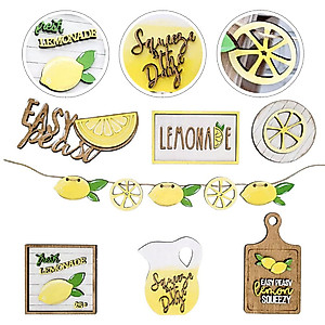 Lemon Decor Lemon Tiered Tray Decor Set: 7pcs Summer Farmhouse Farm Tiered Tray Decor Lemonade Wooden Tiered Tray Decor Lemon Garland Tray Wooden Signs for Kitchen Lemon Kitchen Decor
