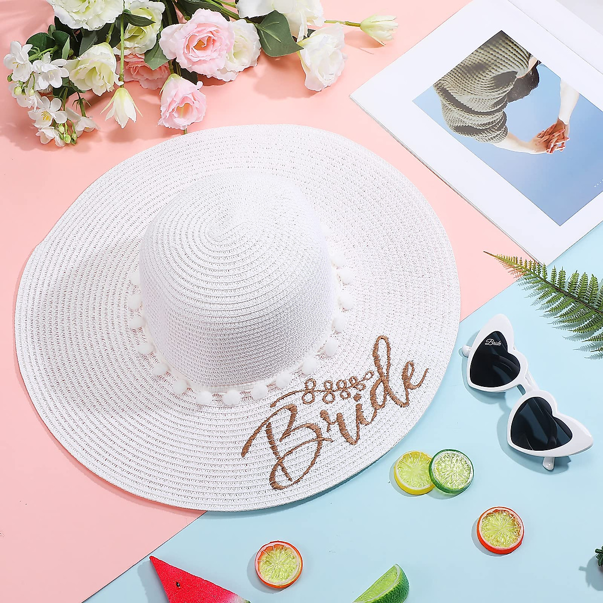 Neer 2 Pcs Bride Wedding Gifts Heart Sunglasses Sun Hat Set Bachelorette Gifts for Bridal Shower Party Decoration Favors(White)