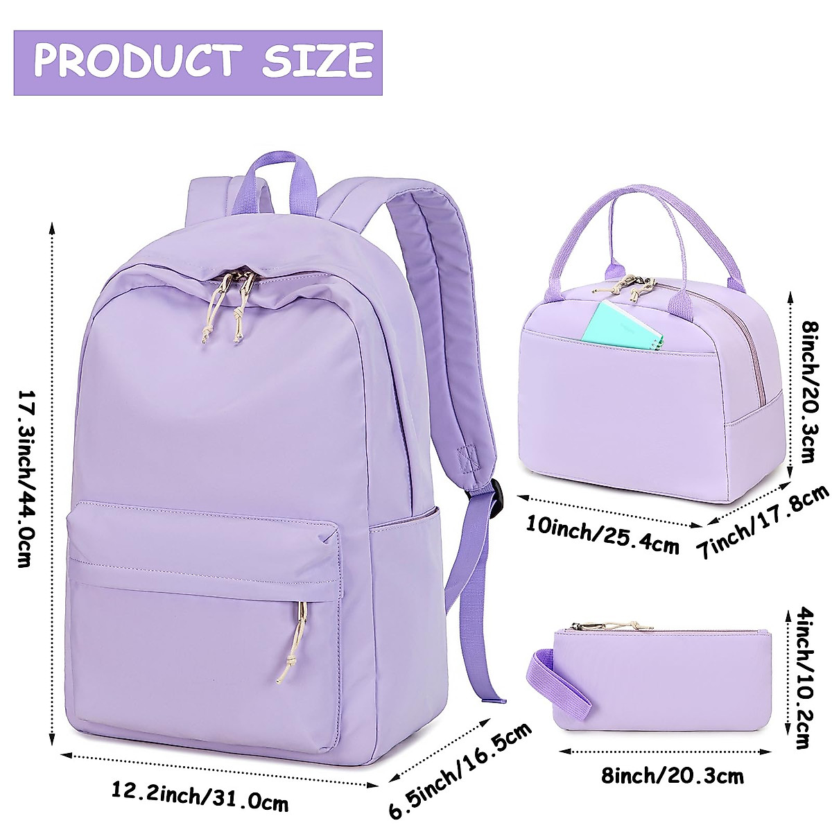Bluboon School Backpack Set Girls Womens Laptop Bookbag Casual Daypack Fits 15 inch Laptop with Lunch Tote Bag and Pencil Bag(Purple-3 set)