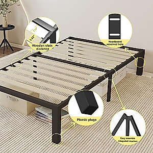 ROIL 14 inch Twin Size Bed Frames with Wide Wood Slats - 3500lbs Heavy Duty No Box Spring Needed Platform, Mattress Stoppers Single Metal Noise Free Bedframe with Headboard Hole Underneath Storage