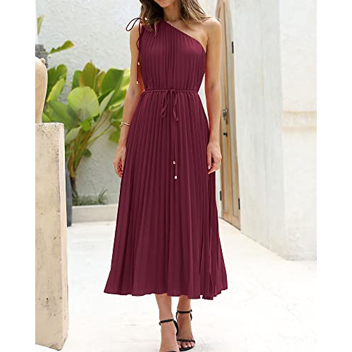 BTFBM Women's Drawstring One Shoulder Maxi Dresses Summer Sleeveless Tie Waist Pleated Long Flowy Party Cocktail Dress(Solid Wine Red, Medium)