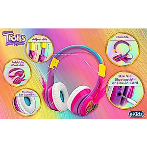 eKids Trolls Band Together Bluetooth Headphones for Kids, Wireless Headphones with Microphone includes Aux Cord, Volume Reduced Kids Foldable Headphones for School, Home, or Travel