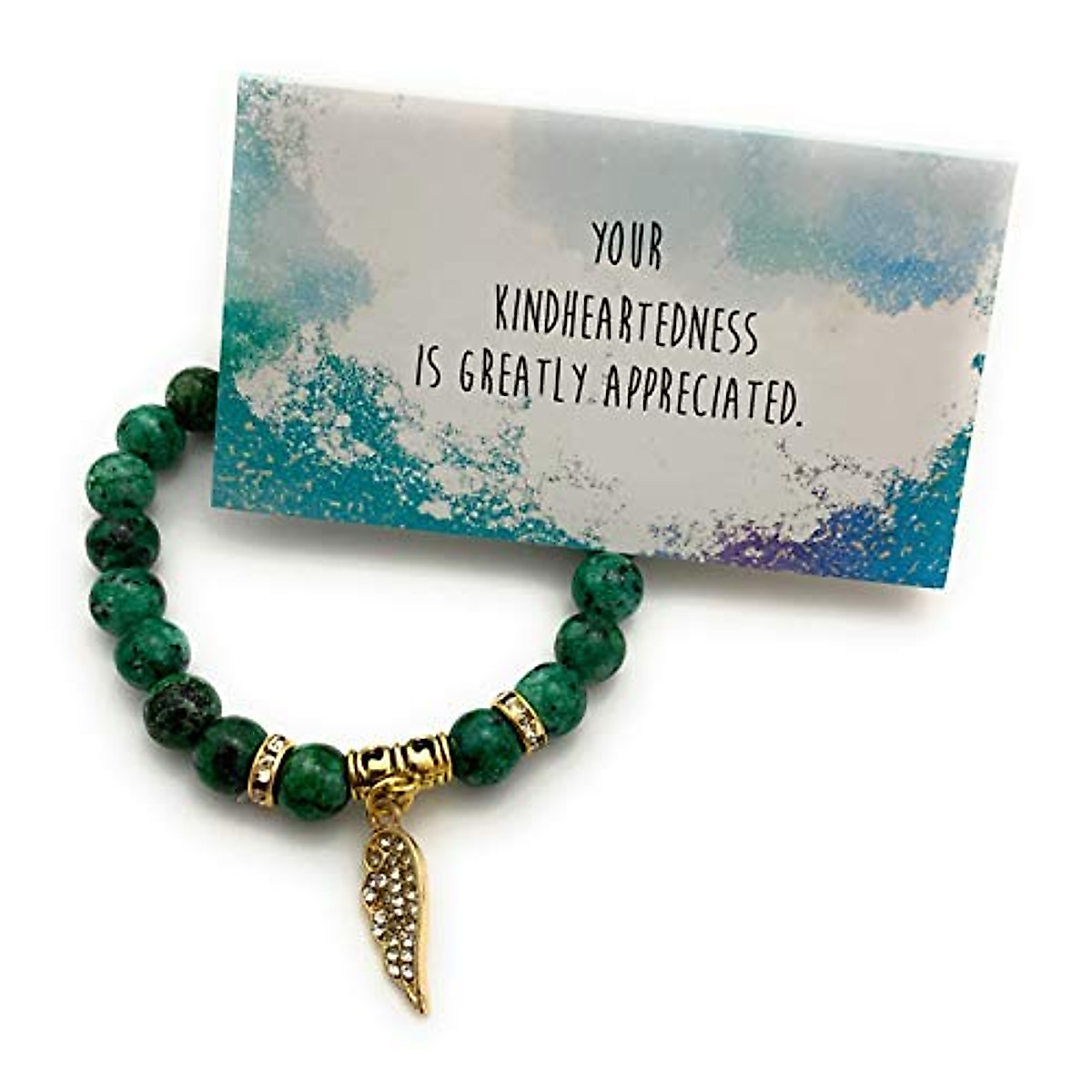 Smiling Wisdom - Angel Wing Appreciation Kindhearted Thank You Keepsake Greeting Card and Stretch Stone Bracelet - Green Rain Flower Stones - 7.5 inches Medium